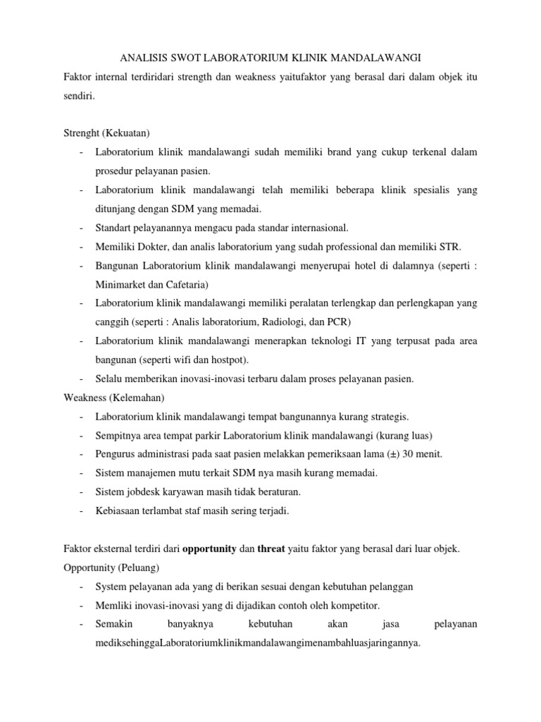 Analisis SWOT Laboratorium Klinik Mandalawangi | PDF
