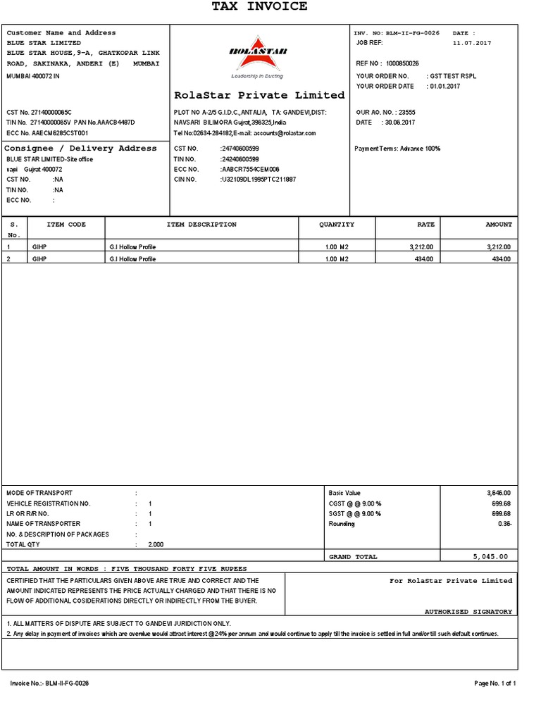 Rolastar Private Limited: Consignee / Delivery Address | PDF | Invoice ...