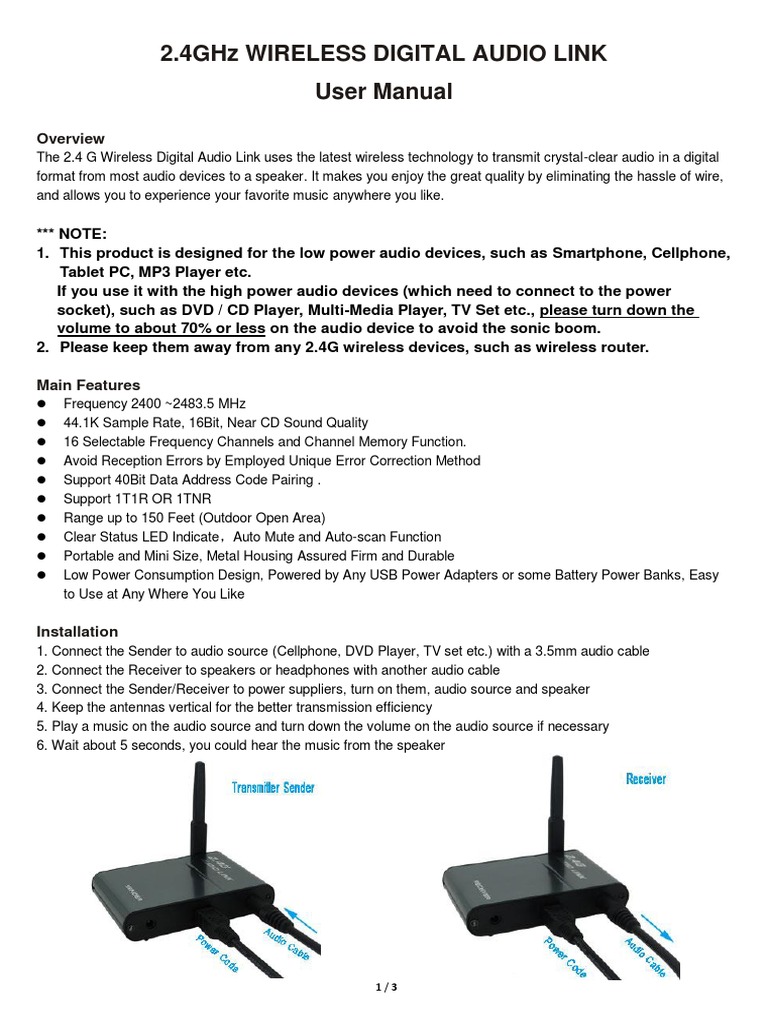 Manual 2.4 GHzWireless Digital Audiolink | PDF | Digital Audio | Wireless