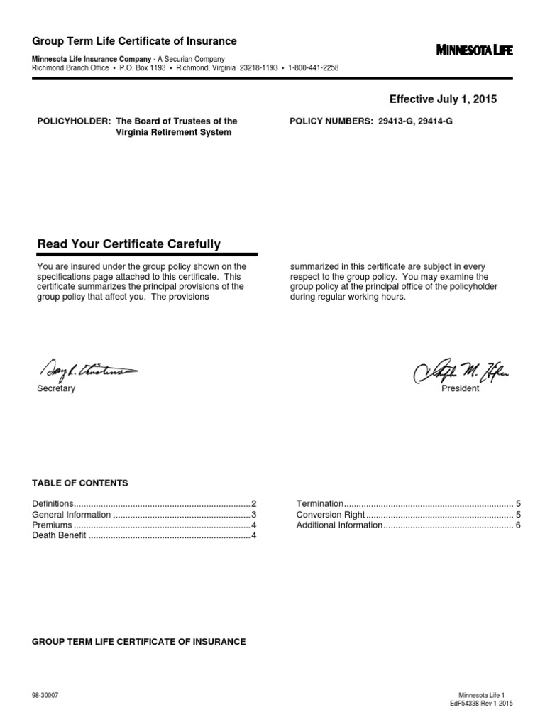 Read Your Certificate Carefully: Group Term Life Certificate of ...