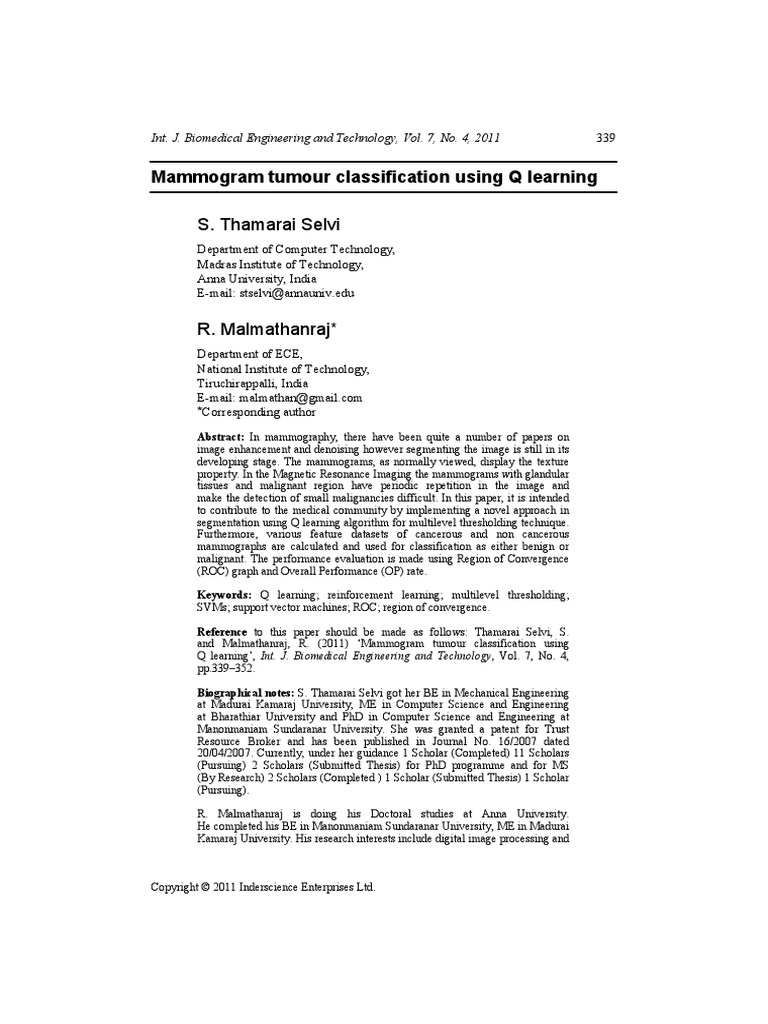 Mammogram Tumour Classification Using Q Learning: S. Thamarai Selvi | Download Free PDF ...