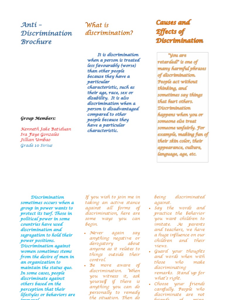 Anti Discrimination Brochure | PDF | Discrimination | Prejudice And ...