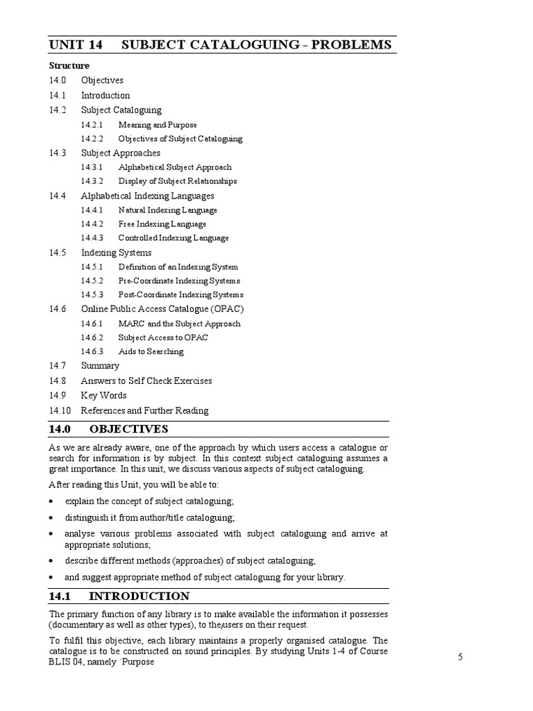 Unit 14 Subject Cataloguing - Problems: Structure | PDF | Cataloging ...
