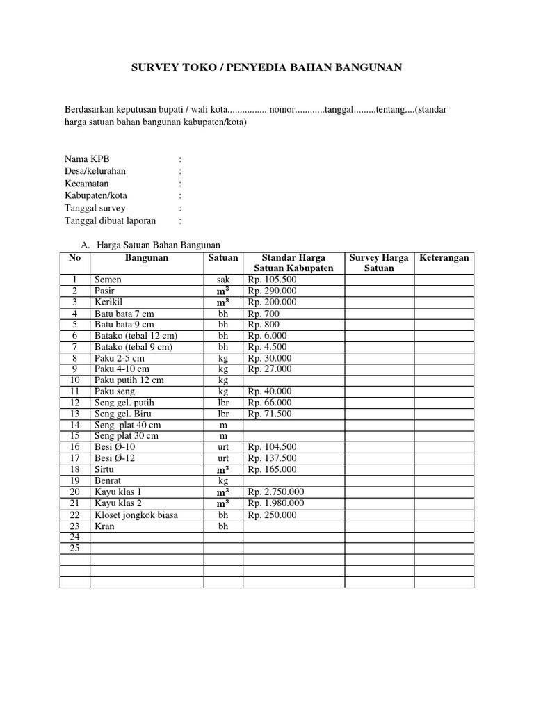 Survey Harga Bahan Bangunan Toko | PDF