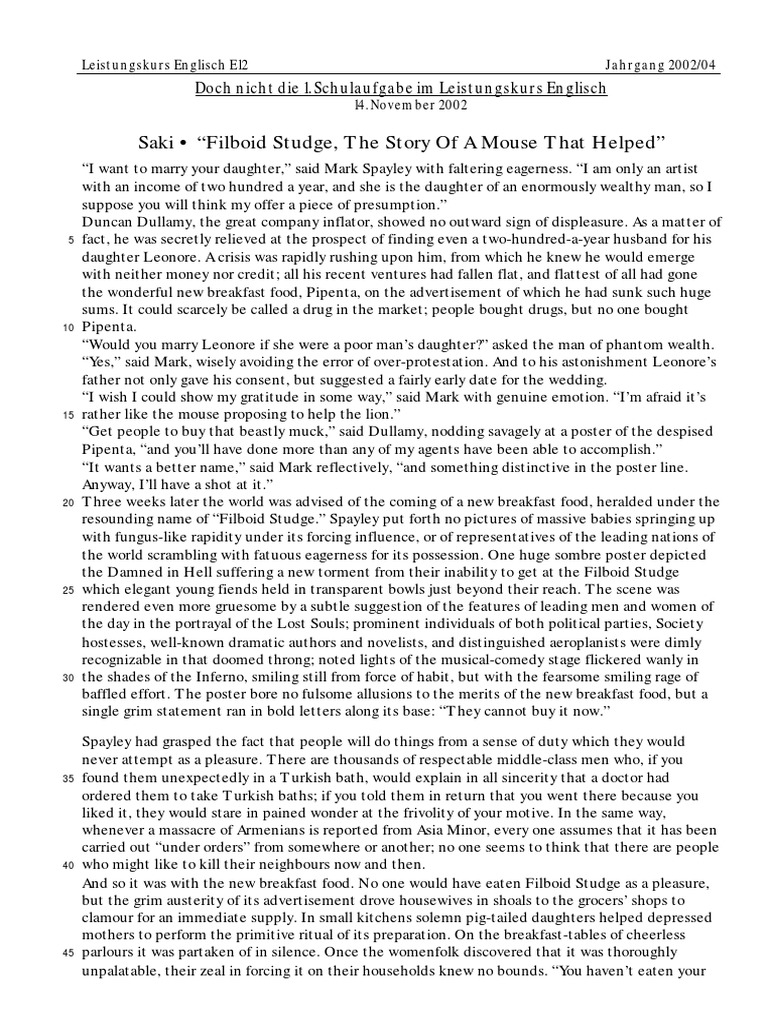 Saki - "Filboid Studge, The Story of A Mouse That Helped": Doch Nicht ...