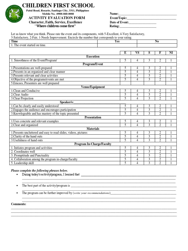 Children First School Activity Evaluation Form | PDF | Learning ...