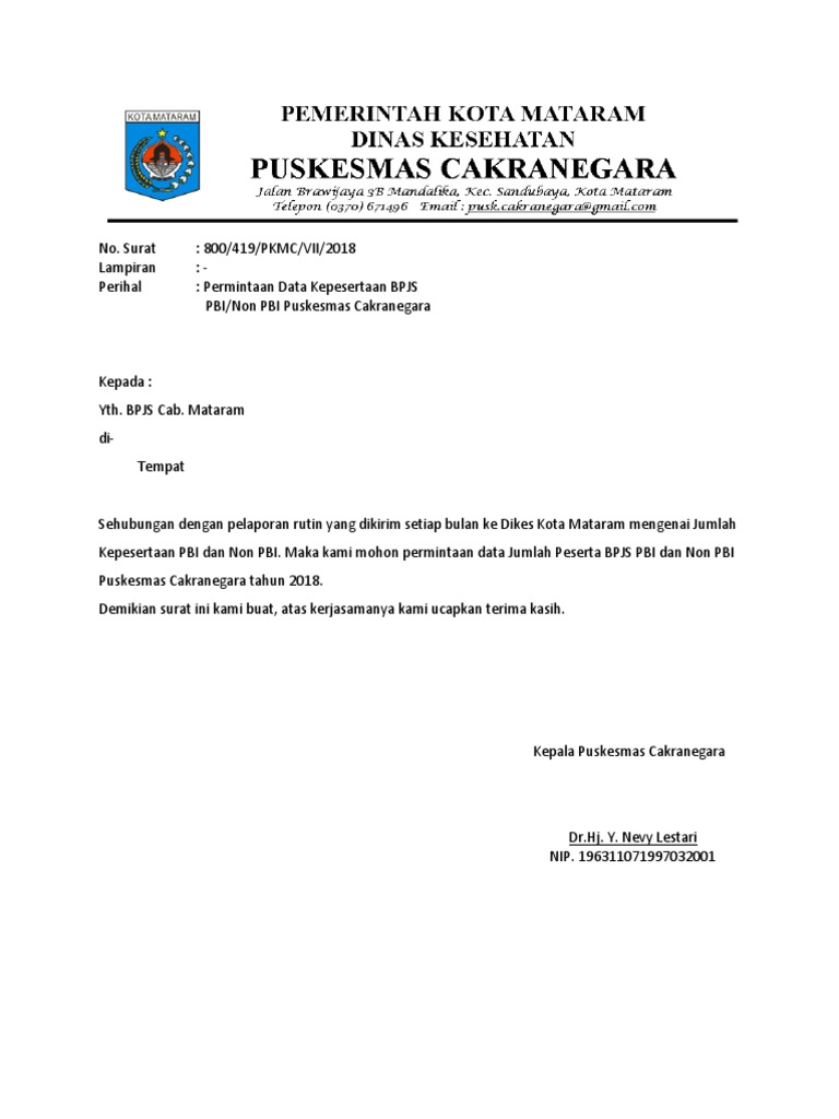 Contoh Surat Ke Permintaan Data Ke BPJS | PDF