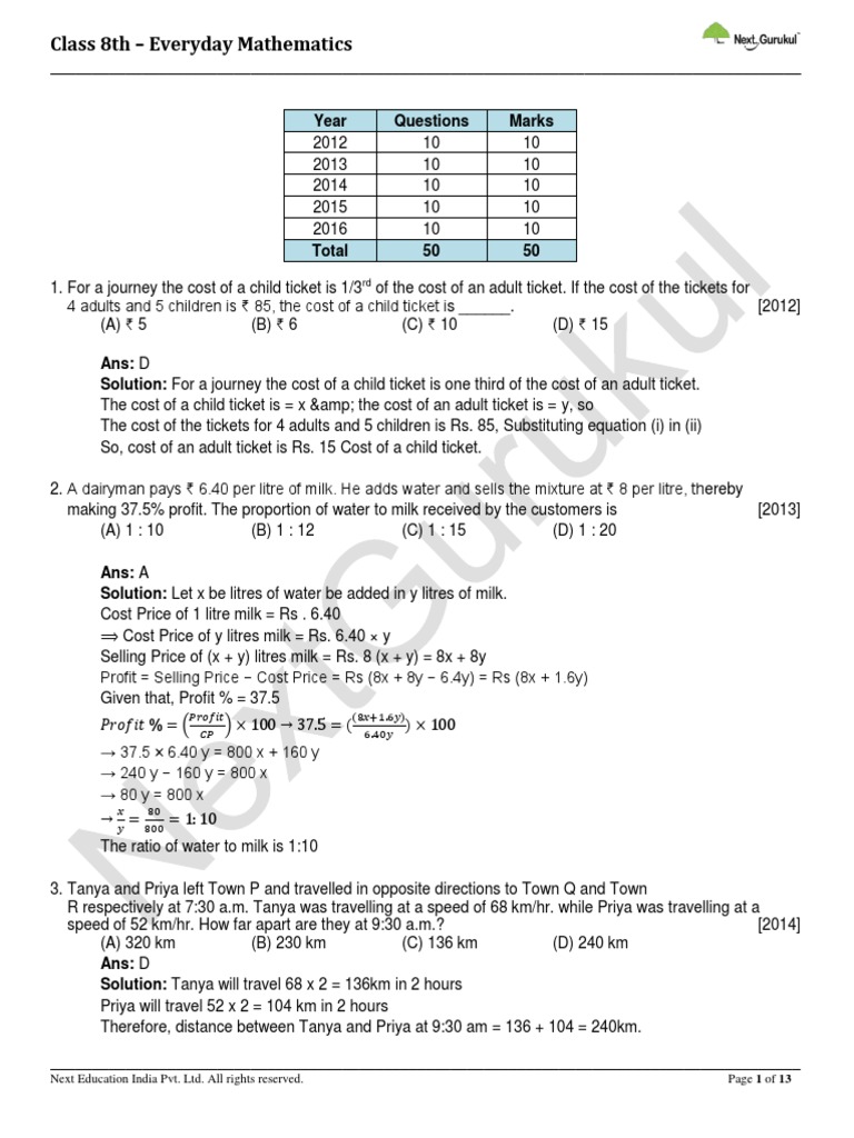 Class 8 Maths Olympiad EveryDay Mathematics Section Practice Papers ...