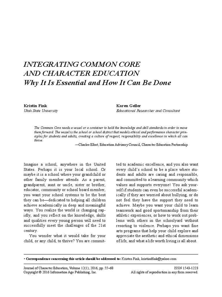 PR OO FS © 2 016: Integrating Common Core and Character Education Why ...