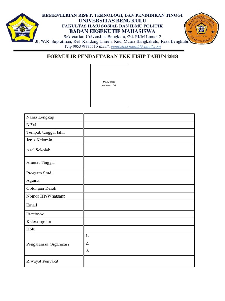 Form Pendaftaran PKK FISIP | PDF