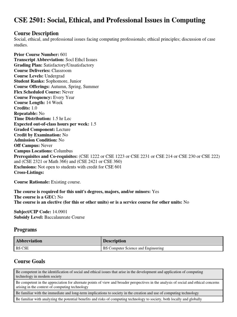 CSE 2501: Social, Ethical, and Professional Issues in Computing | PDF ...