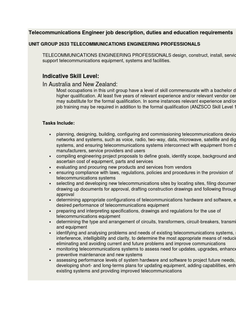 Telecommunications Engineer Job Description | PDF | Telecommunication ...
