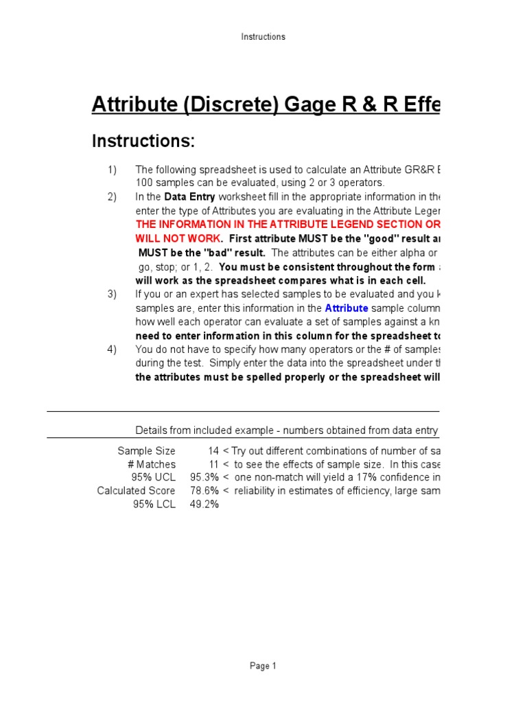 Attribute (Discrete) Gage R & R Effectiveness: Instructions | PDF ...