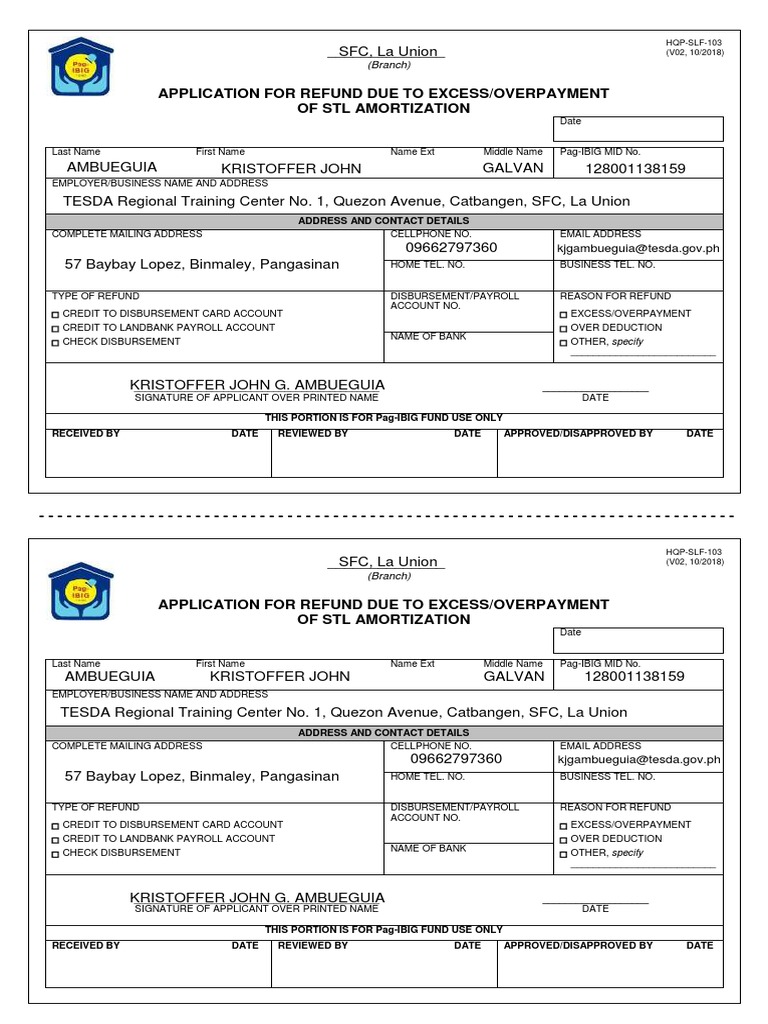 Application for Refund Due to Excess/Overpayment of Short Term Loan ...