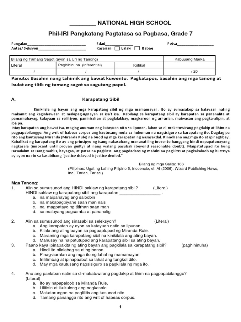 Phil Iri Grade 7 For GST 2 | PDF