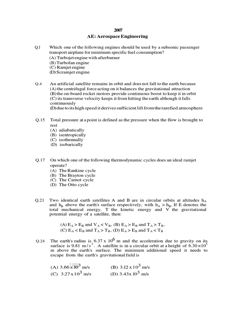 Gate Aerospace 2007 (Propulsion Questions) | PDF | Turbine | Rocket Engine
