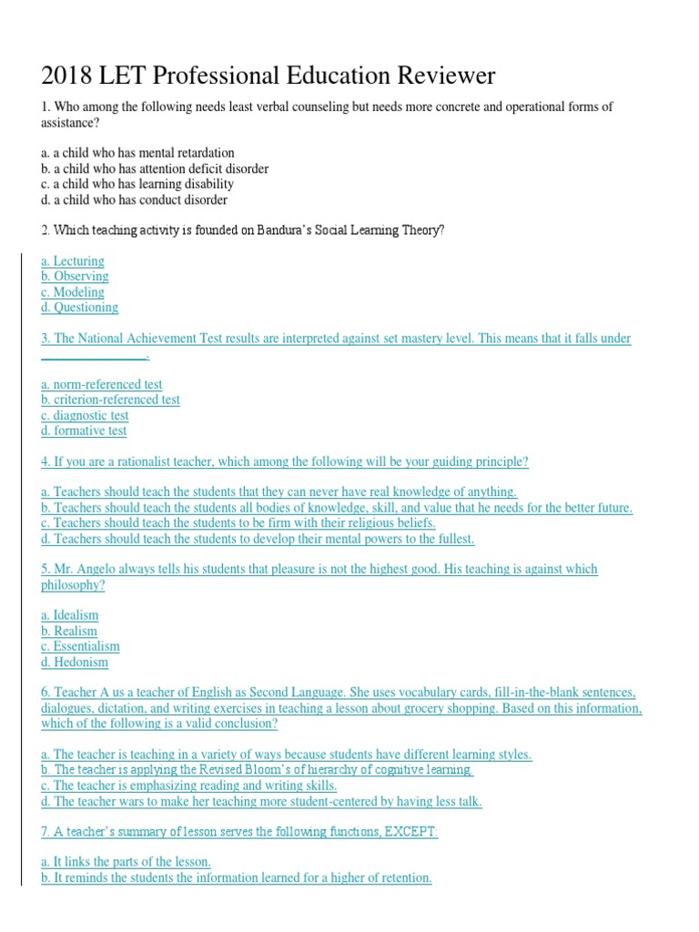 LET Prof. Ed. Reviewer | PDF | Teachers | Learning Theory (Education)