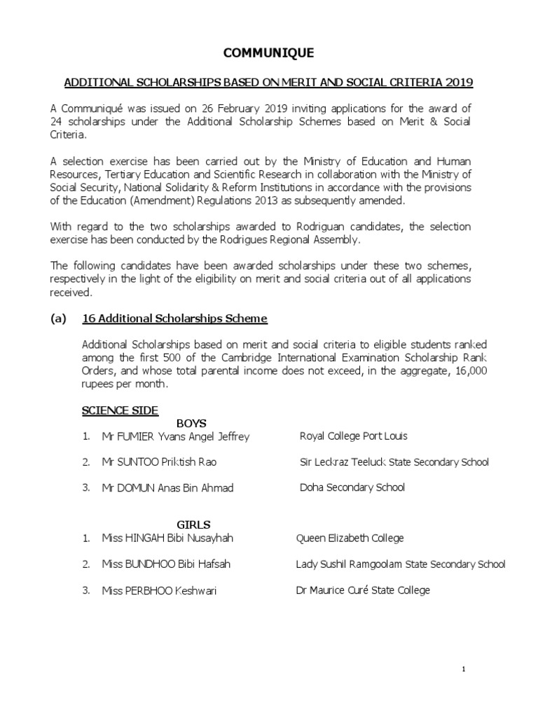 HSC 2018: List of Additional Laureates (Social and Merit Criteria ...