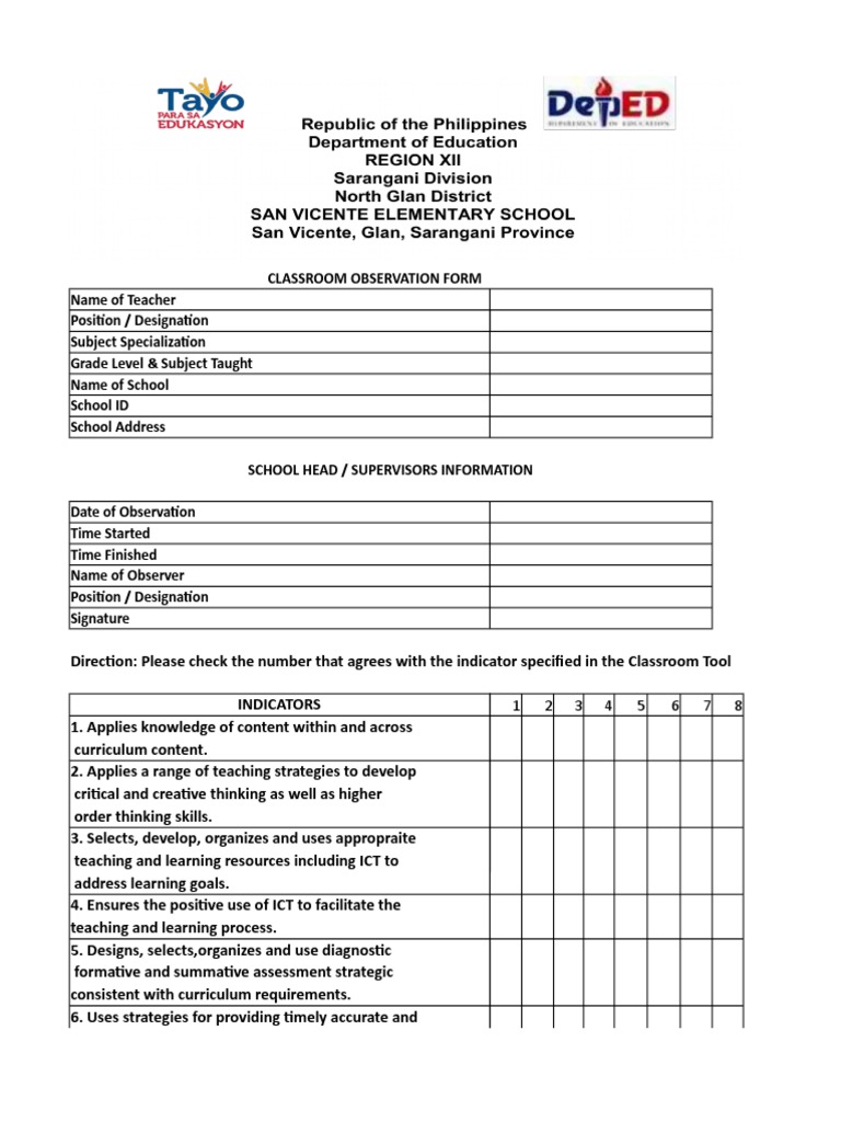 Classroom Observation Form Template | PDF | Educational Technology ...