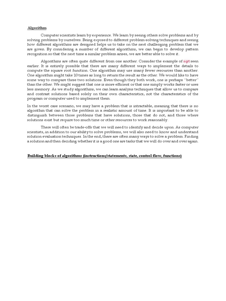 Algorithm: Building Blocks of Algorithms (Instructions/statements, State, Control Flow ...