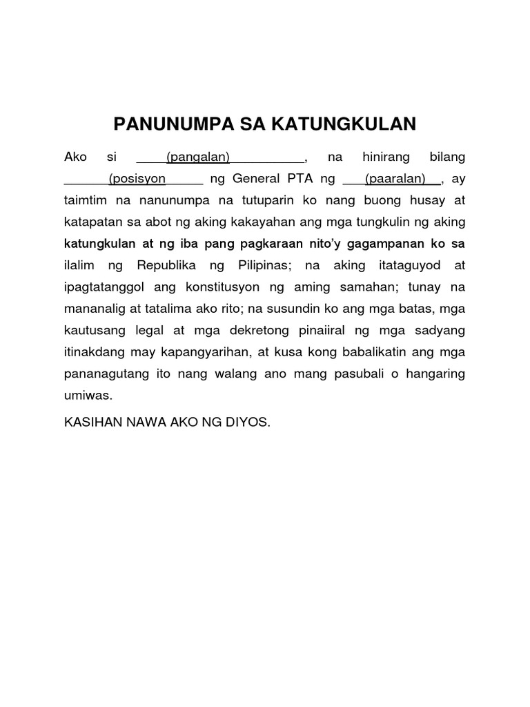 Panunumpa Sa Katungkulan (PTA) | PDF Panunumpa Sa Katungkulan (PTA) | PDF