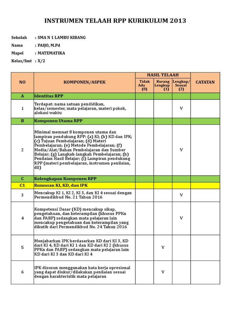 LK 2.2 - Instrumen Telaah RPP | PDF
