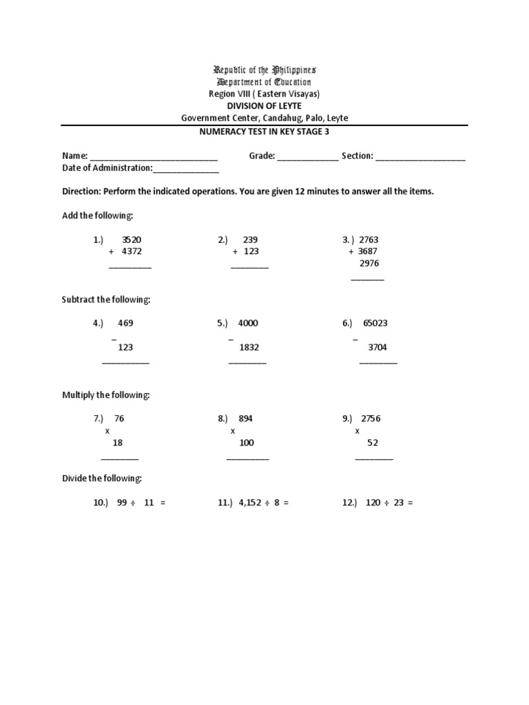 Numeracy Test in Key Stage 3 | PDF