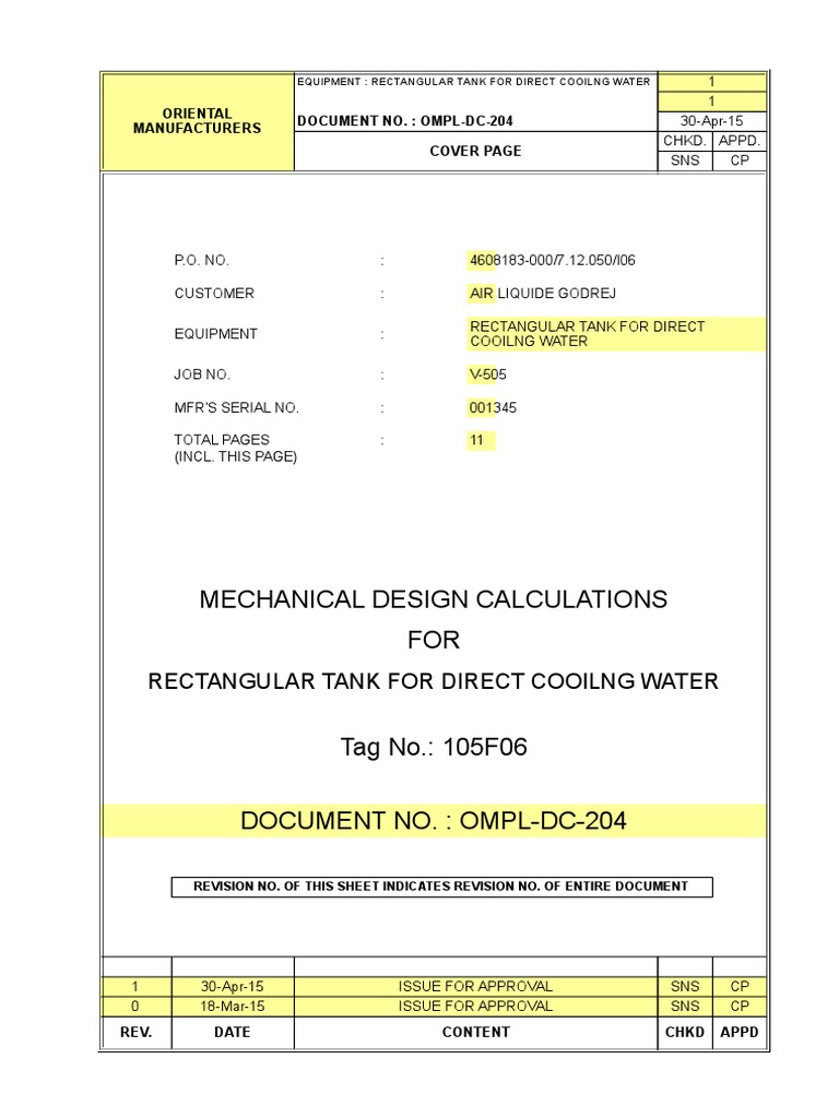 Mechanical Design Calculations FOR: Rectangular Tank For Direct Cooilng ...