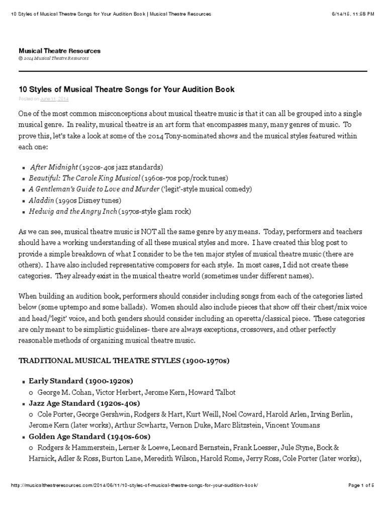10 Styles of Musical Theatre Songs For Your Audition Book | PDF ...