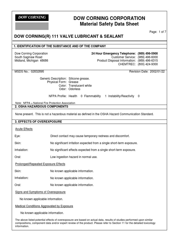 Dow Corning 111 Valve Lubricant and Sealant CD 5540 | PDF | Personal ...