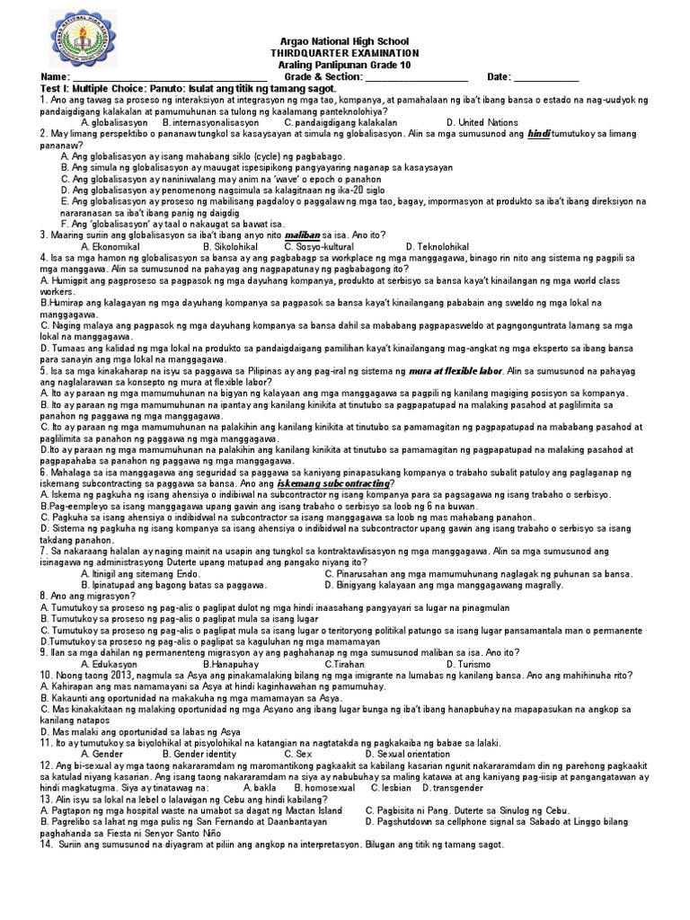 3rd Quarter-Exam-G10-AP-2018-19 | PDF