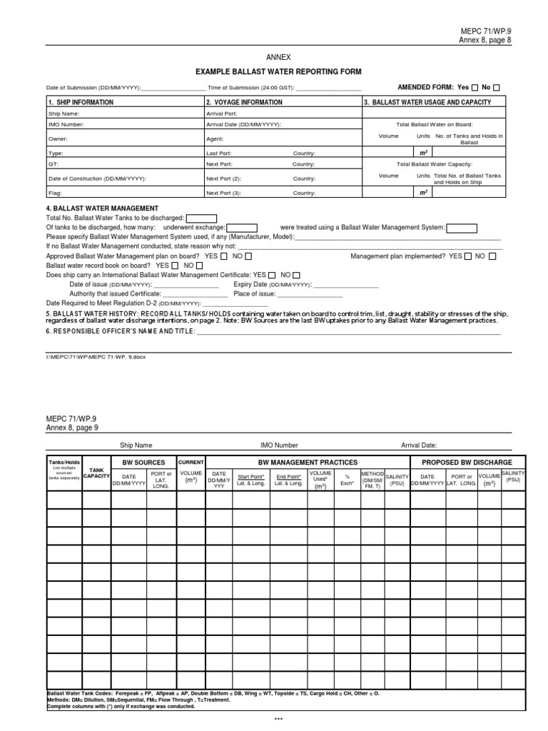 Example Ballast Water Reporting Form From 2017 Guidelines For Ballast ...