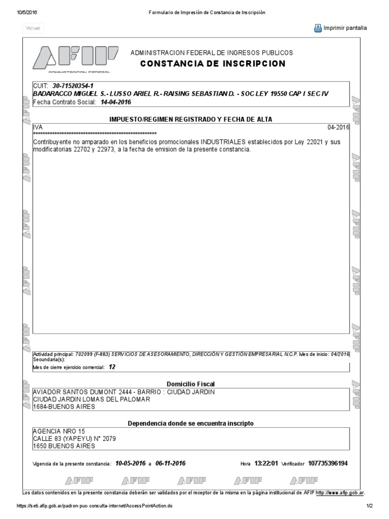 Constancia de Inscripción AFIP 2016 | PDF | Argentina | Gobierno