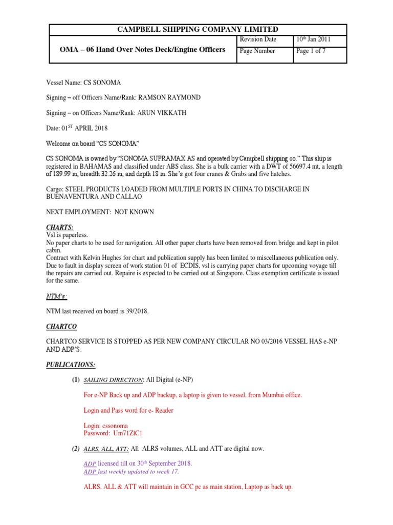 CS Sonoma Hand Over Notes | PDF | Ships | Port