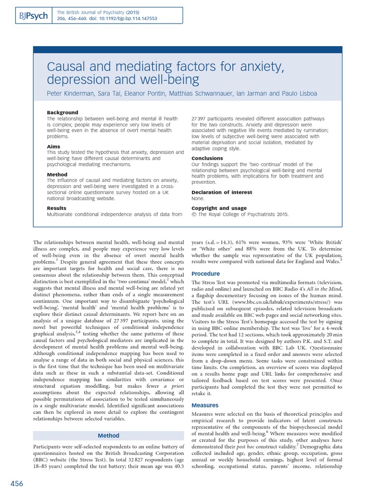 Causal and Mediating Factors For Anxiety, Depression and Well-Being | Download Free PDF ...