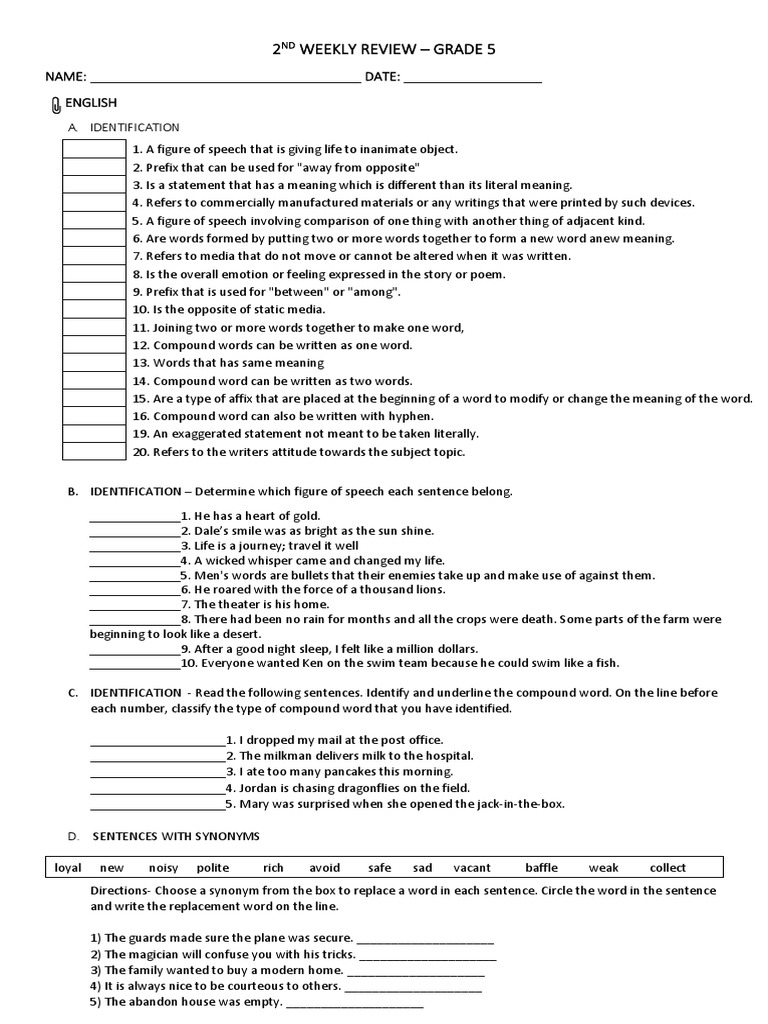 English Grade 5 Reviewer | PDF | Word | Linguistic Typology