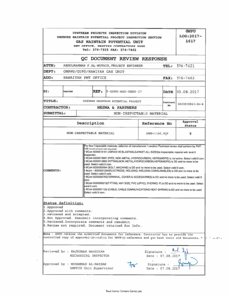 Second List of Non Inspectable Materials For Sa Approval - Vid Remarks ...