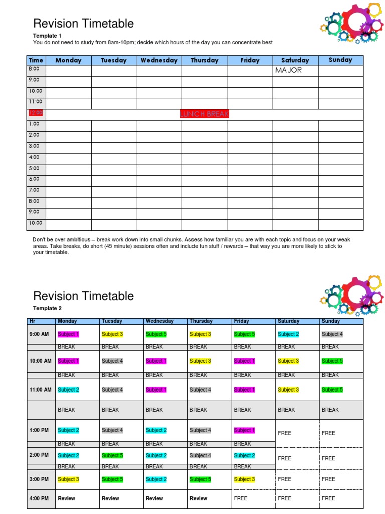 Revision Timetable: Time Monday Tuesday Wednesday Thursday Friday ...