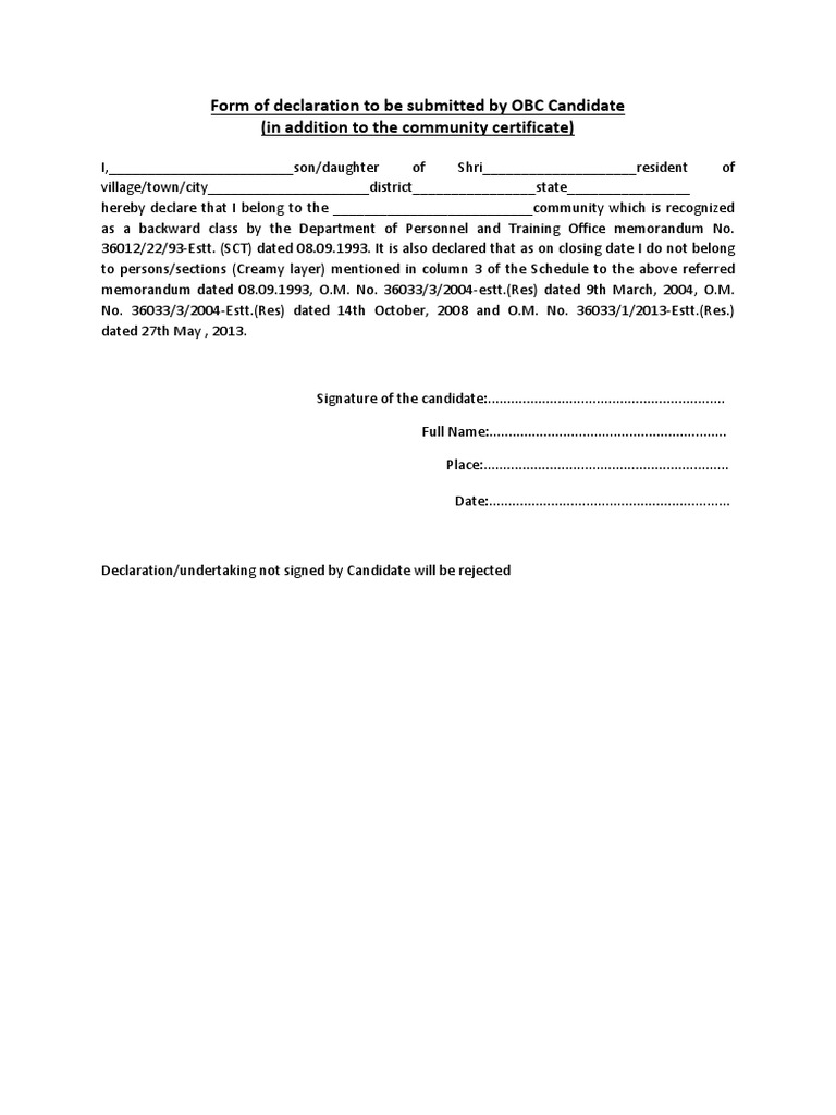 Form of Declaration To Be Submitted by OBC Candidate (In Addition To ...