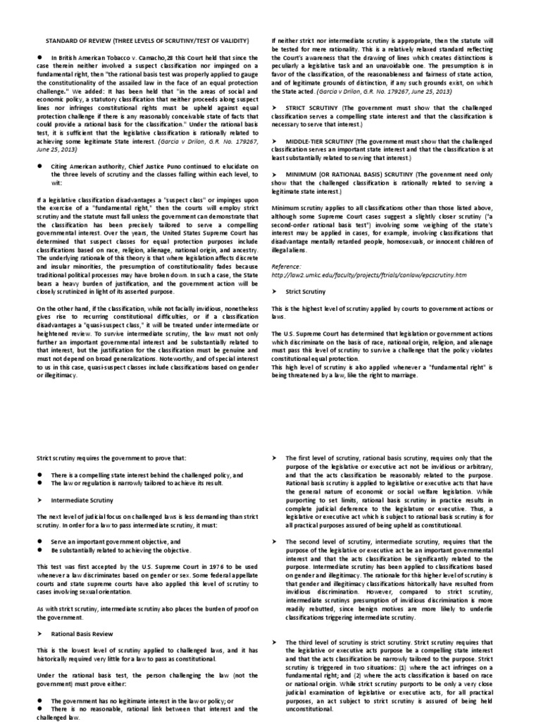 Standard of Review Levels of Scrutiny | PDF | Intermediate Scrutiny ...