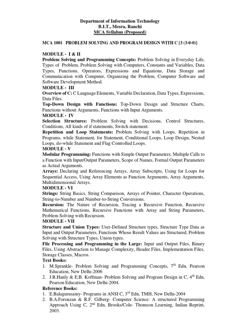 BIT Mesra MCA Syllabus for Problem Solving with C and Numerical Methods ...