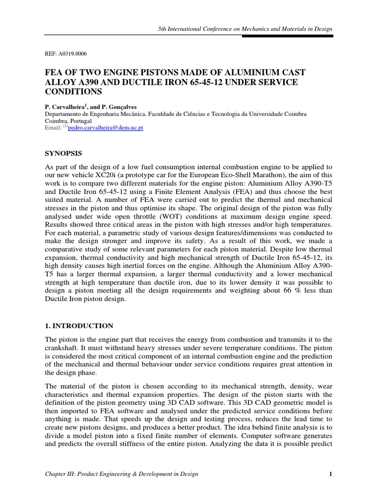 Fea of Two Engine Pistons Made of Aluminium Cast Alloy A390 and Ductile ...