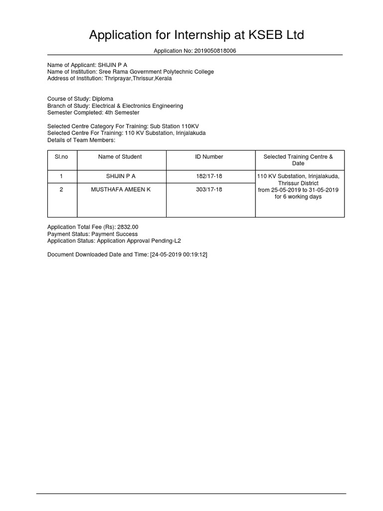 Application For Internship at KSEB LTD | PDF | Educational Stages ...