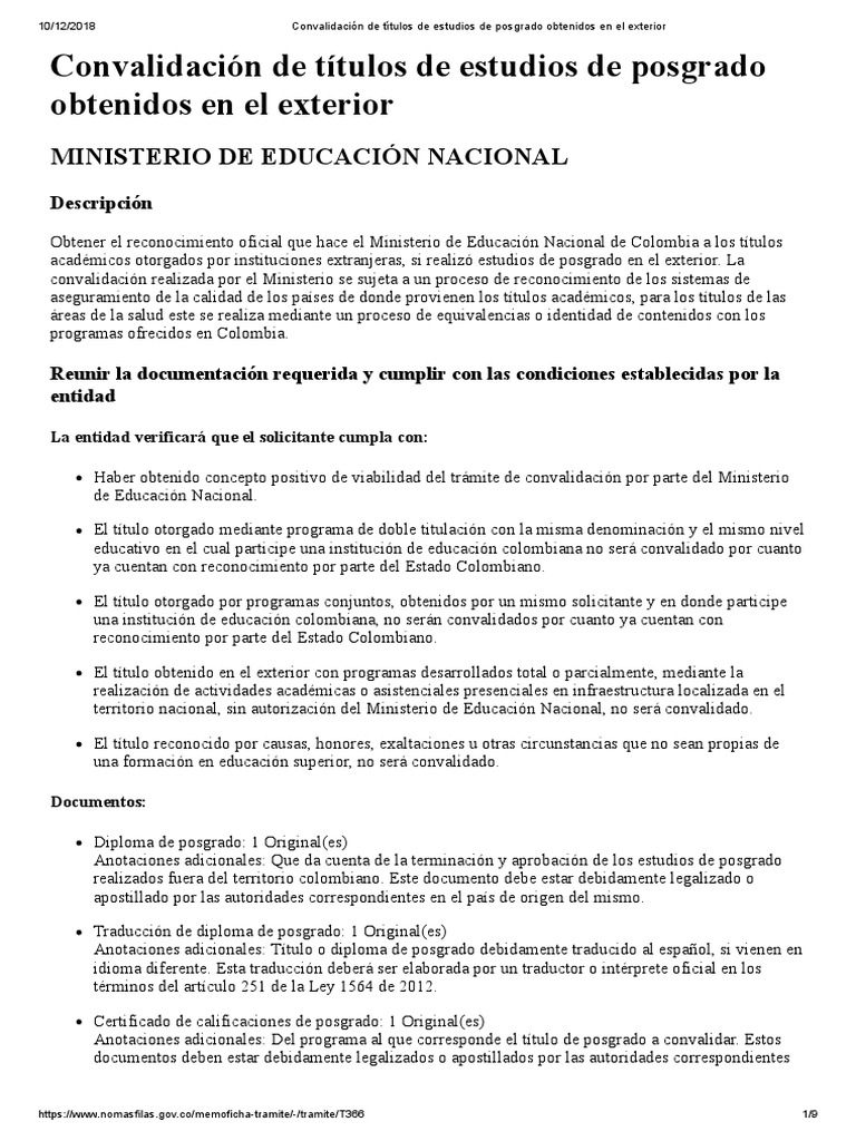 Convalidación de Títulos en Colombia de Estudios de Posgrado Obtenidos ...