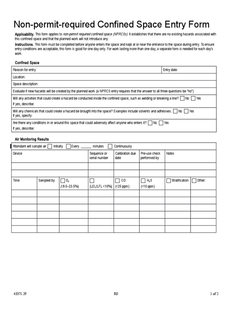 Non-Permit-Required Confined Space Entry Form | Download Free PDF ...