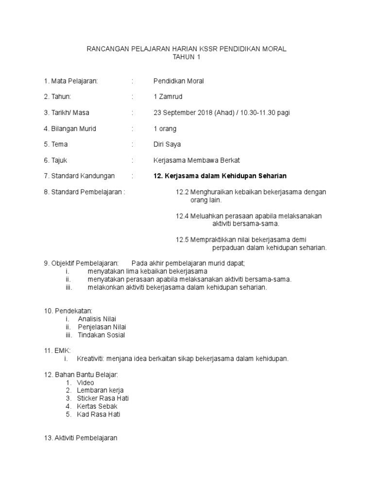 RPH Moral Tahun 1 | PDF