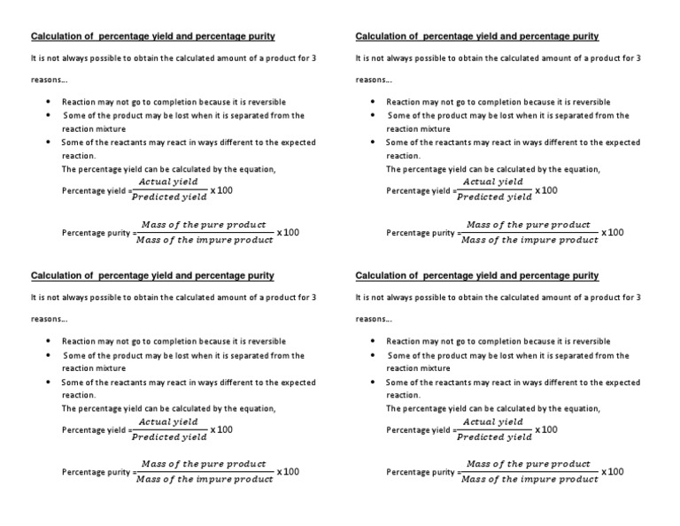 Calculation of Percentage Yield and Percentage Purity Calculation of ...