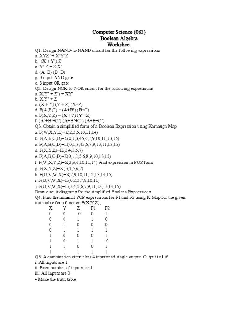 Computer Science (083) Boolean Algebra Worksheet | PDF | Theory Of ... Computer Science (083) Boolean Algebra Worksheet | PDF | Theory Of ...