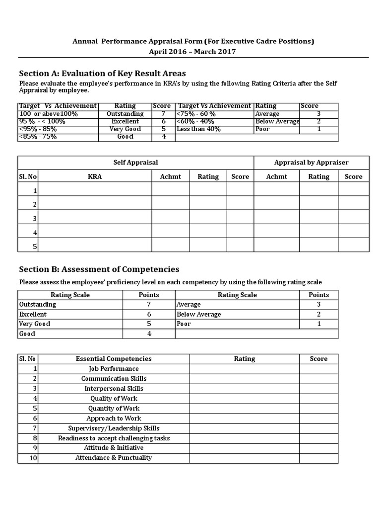 Annual Appraisal Form - Executive Cadre | PDF | Performance Appraisal ...