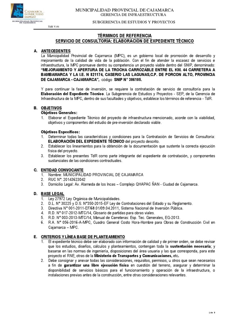 Términos De Referencia Servicio De Consultoría: Elaboración De Expediente Técnico | Presupuesto ...